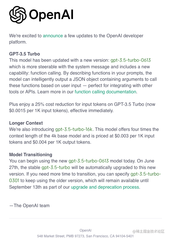 OpenAI 新增模型gpt-3.5-turbo-16k和function call - 掘金