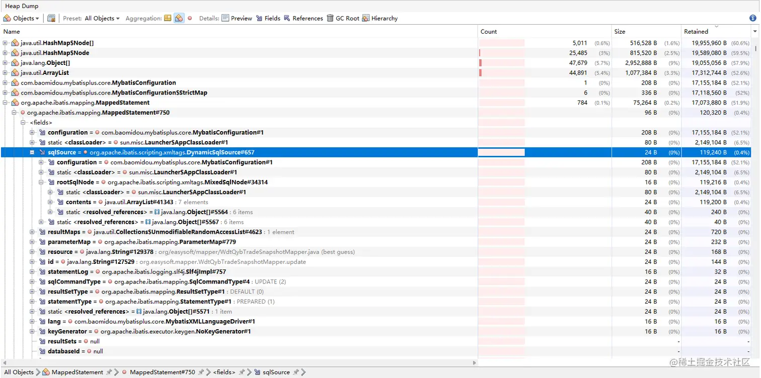 祖传偏方,解决Mybatis-Plus堆内存占用过多这里用的一个小型项目(49张表),用代码生成工具生成了代码,注入默认 - 掘金