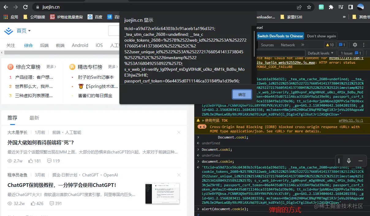 JavaScript语法获取cookiedocument.cookie; alert(document.cookie); - 掘金