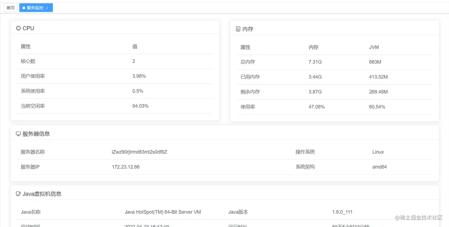 Springboot + oshi 实现对服务器硬件的监控一、开源项目情况 在网上我们可以看到很多项目都有服务监控功能， - 掘金