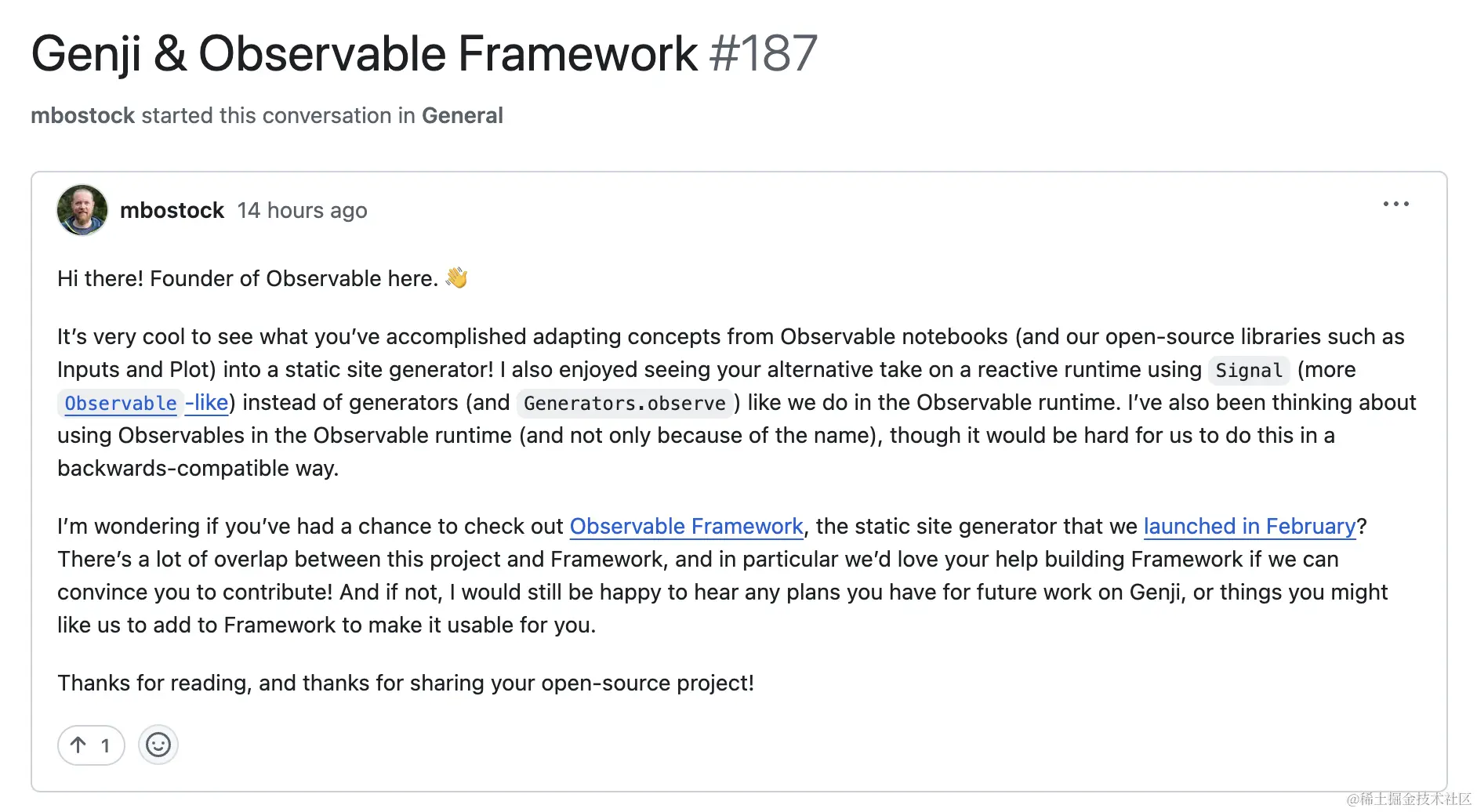 D3 作者 Mike Bostock 给我的项目留言了，还邀请我去参与他的新项目 Observable Framework - 掘金