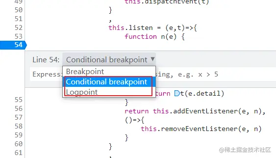 Chrome 断点调试之条件断点和日志点Chrome 的调试功能非常丰富，其中断点调试也有很多技巧，本文简单介绍其中的条 - 掘金