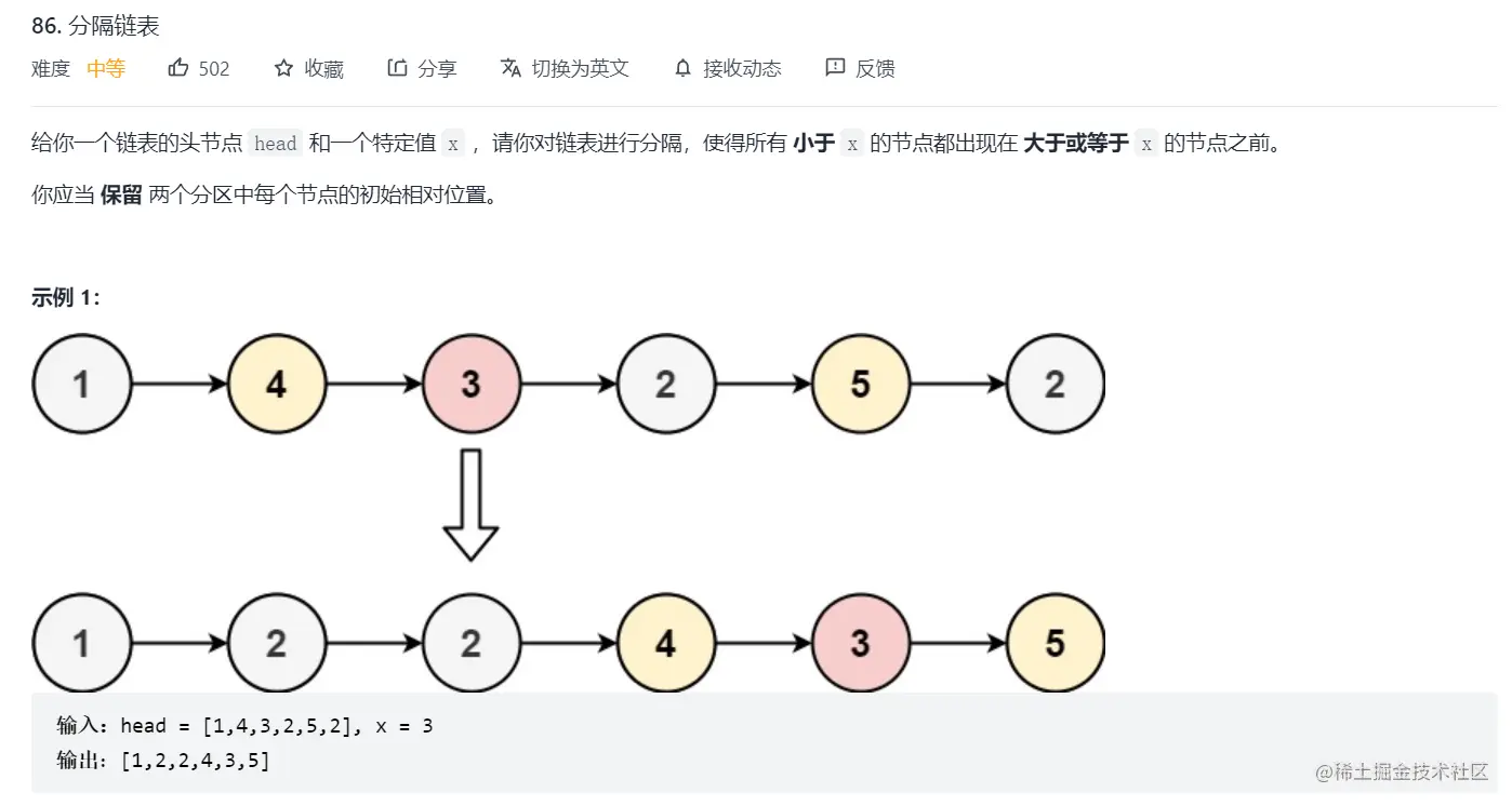 Leetcode 86 分隔链表前端菜鸟学算法之 Leetcode86 分隔链表：给你一个链表的头节点 Head 和一个 掘金 