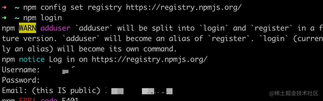 npm 命令行登录npm 控制台登录，以及报错处理# Public registration is not allowe - 掘金